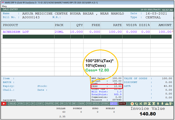 How to calculate CESS on the gross value in Marg Software?